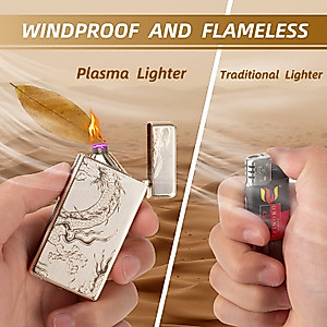 LcFun Electric USB Rechargeable Lighter, Windproof Plasma Dual Arc Lighter, Electronic Flameless Cool Lighters Gifts for Men Fathers Husband (Gold Dragon)