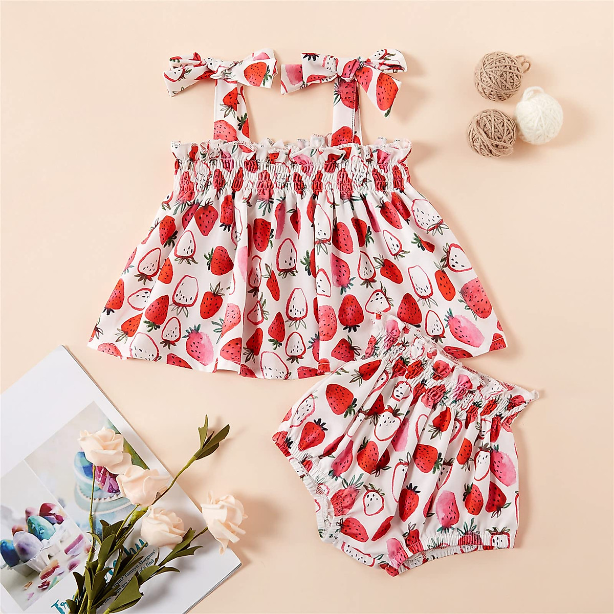 GRNSHTS Baby Girl Summer Shorts Set Strawberry Print Sling Ruffle Shirt Diaper Shorts 2Pcs Outfits (Strawberry, 0-6M)