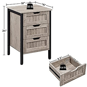 Yaheetech Wood Nightstand, Bedside Table with 3 Drawers, Metal Frame Bedside Cupboard Cabinet Unit Chest of Drawer with Storage Compartments for Bedroom, Gray