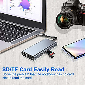 Midautoo 1 Piece USB C Hub SD/TF Card Reader with 4K -Compatible, VGA, USB 3.0 Port,Type C PD, RJ45 Ethernet