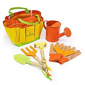 Kinderific Gardening Set, Tool Kit, for Kids, STEM, Includes Tote Bag, Spade, Watering Can, Rake, Fork, Trowel and Gloves (Pale Yellow)