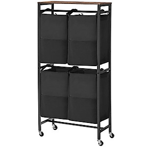 HOOBRO Rolling Laundry Sorter 4 Sections, 2 Tier Vertical Laundry Hamper with Wheels, 52 Gal (198L), Laundry Baskets for Laundry Room, Bedroom, Bathroom, Cloakroom, Rustic Brown and Black BF71XY01