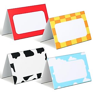Affrolling 48 Pcs Food Labels Signs Folded Place Cards for Table Setting Blank Name Cards Birthday Party Story Party Decorations(Cartoon Story)