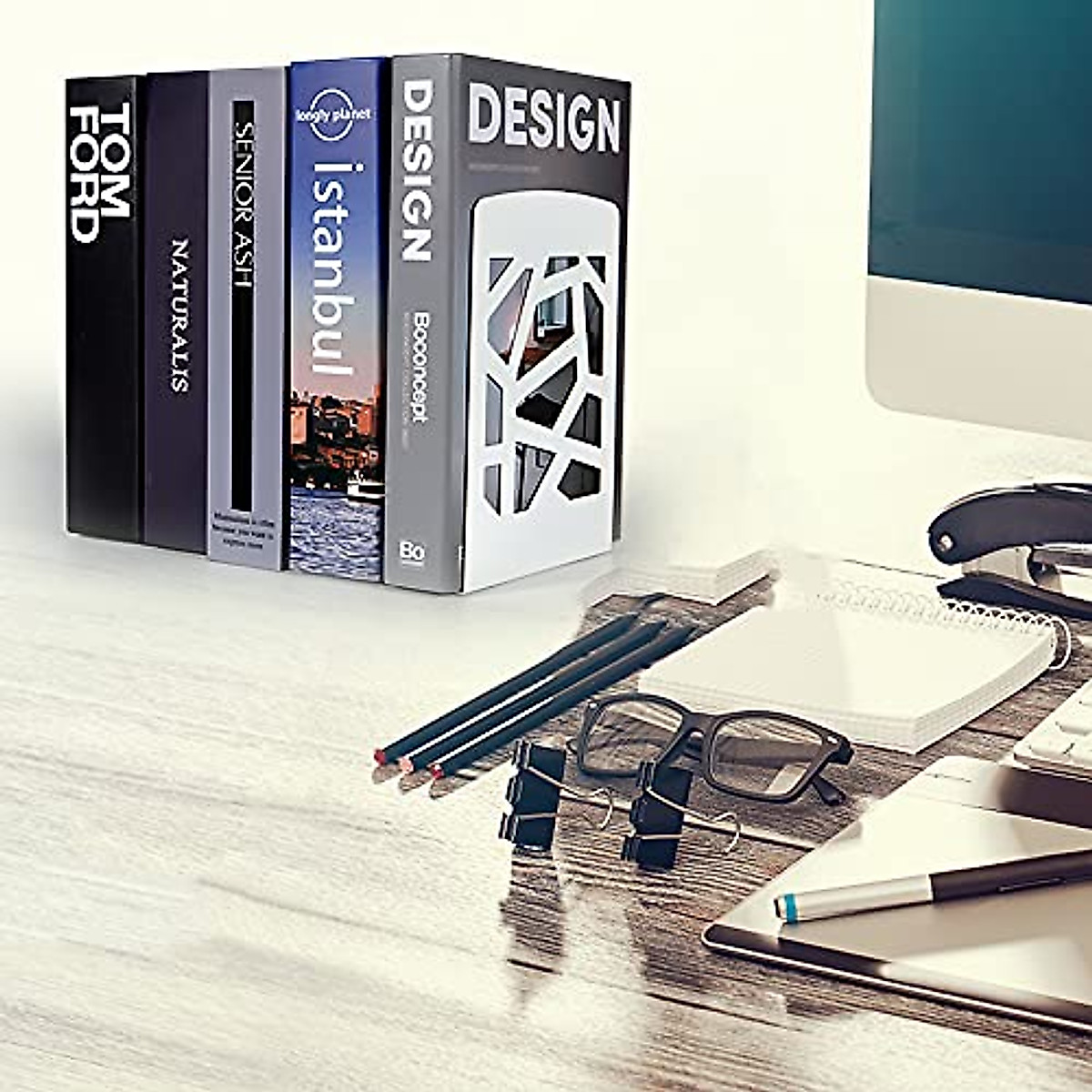 COCOMK Book Ends,Bookends for Shelves,Decorative Bookend Heavy Duty Book End for Office,Home,Black Book Holder for Kids, White