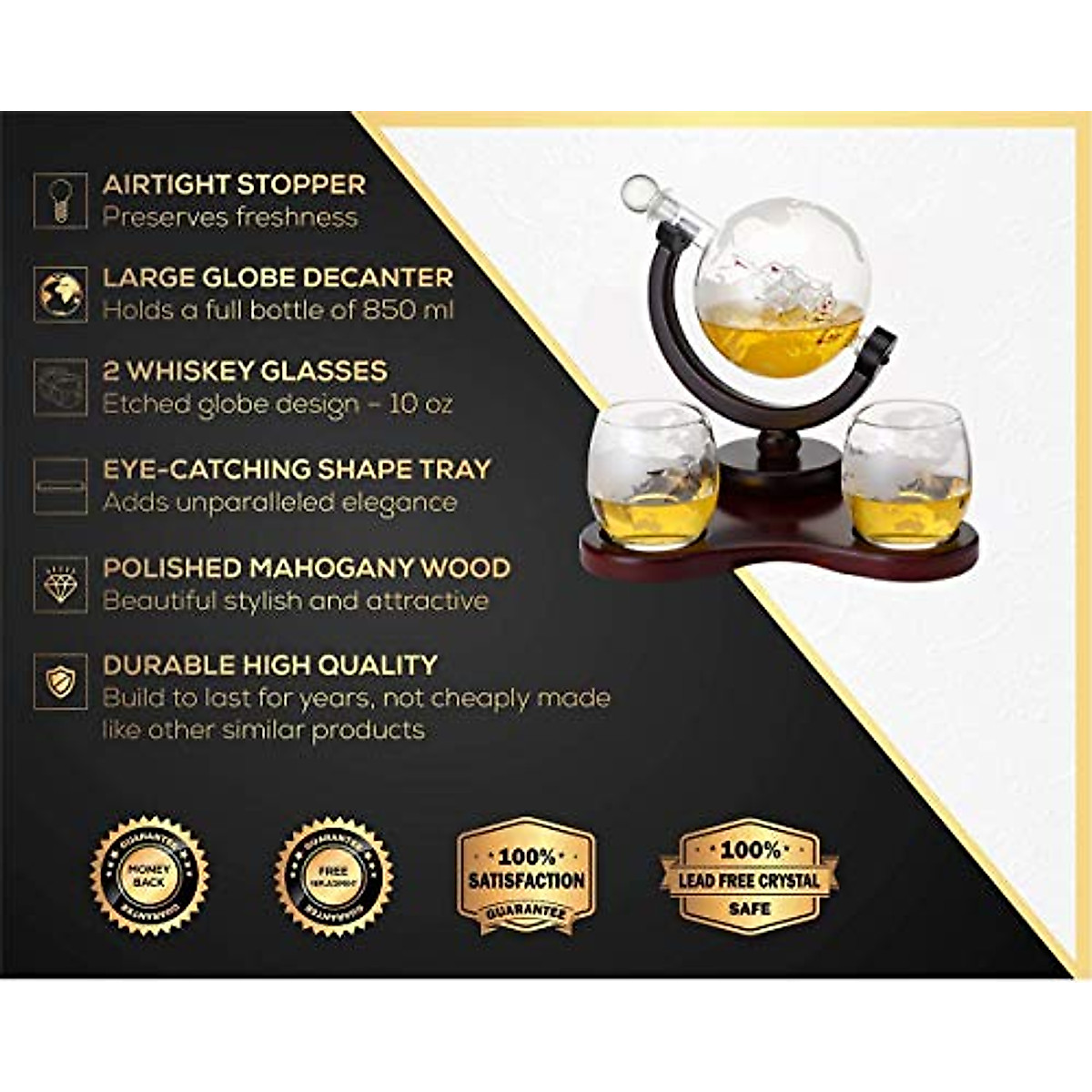 Verolux Whiskey Globe Decanter Set with 2 Etched Glasses in Gift Box - Birthday gifts for men and women - Home Bar Accessories for Bourbon, Scotch, Liquor, Whisky, Gin, Rum, Tequila, Vodka and Brandy