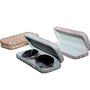 Unisex Bling Diamond-Encrusted Hard Portable Protective Shell Eyeglasses Cases for Women Men with Cleaning Cloth (Silver)