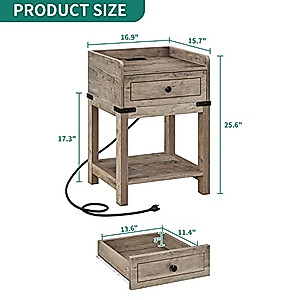 YITAHOME Farmhouse End Table with Charging Station, End Side Table with Drawer for Small Space, Bedside Table with USB Ports and Outlets, for Living Room, Set of 2