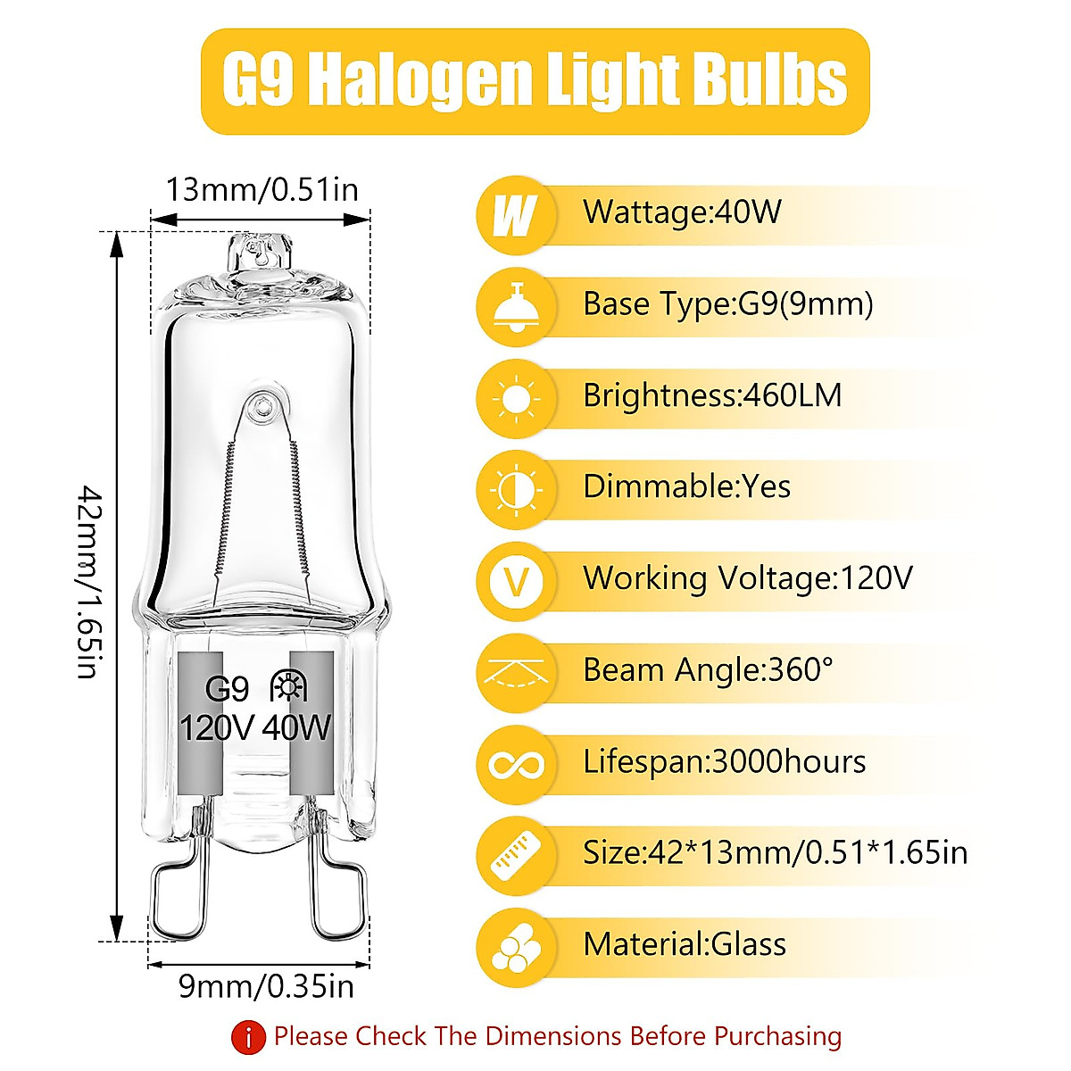LURNOFY G9 Halogen Light Bulbs,120V 40W Halogen Bulbs 2 Pin,6 Pack Halogen Bulbs Dimmable 2700K Warm White Long Lasting,Flicker Free G9 Bulb for Under Cabinet Puck Light,Chandeliers,Microwave Oven,RV