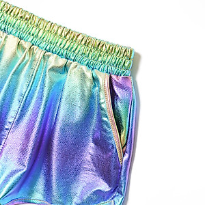 Metallic Shorts for Big Girls Dance Shorts Shiny Hot Pants 12 13 Rainbow with Sunglass