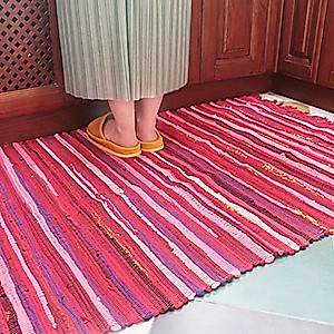 Poowe Cotton Handmade Reversible Chindi Rag Rugs,Multi Color Hand Woven Striped Area Bath Rug Mat Carpet with Tassels Machine Washable,for Laundry Room Kitchen Livingroom Hallway Entryway 20" x 31.5"