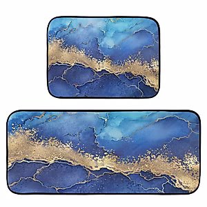 Kitchen Mats Rugs 2 Piece Set Bath Mat Antifatigue Cushioned Gold Black Marble for Floor Non Slip Washable (color5)