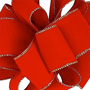 Red Velvet Ribbon Velvet Christmas Ribbon Red Wired 50 Yards/2.5 (2 1/2) Inch Wide w. Gold Trim Wire-Edge: Valentine, Xmas Gift Wrap, Christmas Tree Bows / Outdoor/ Wire Ribbons for Crafts/Gifts