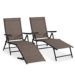 MIXPATIO Outdoor Loungers (Set of 2), Folding Textile Loungers for Patio, Adjustable Loungers with Armrests for Beach Pool Patio, Brown