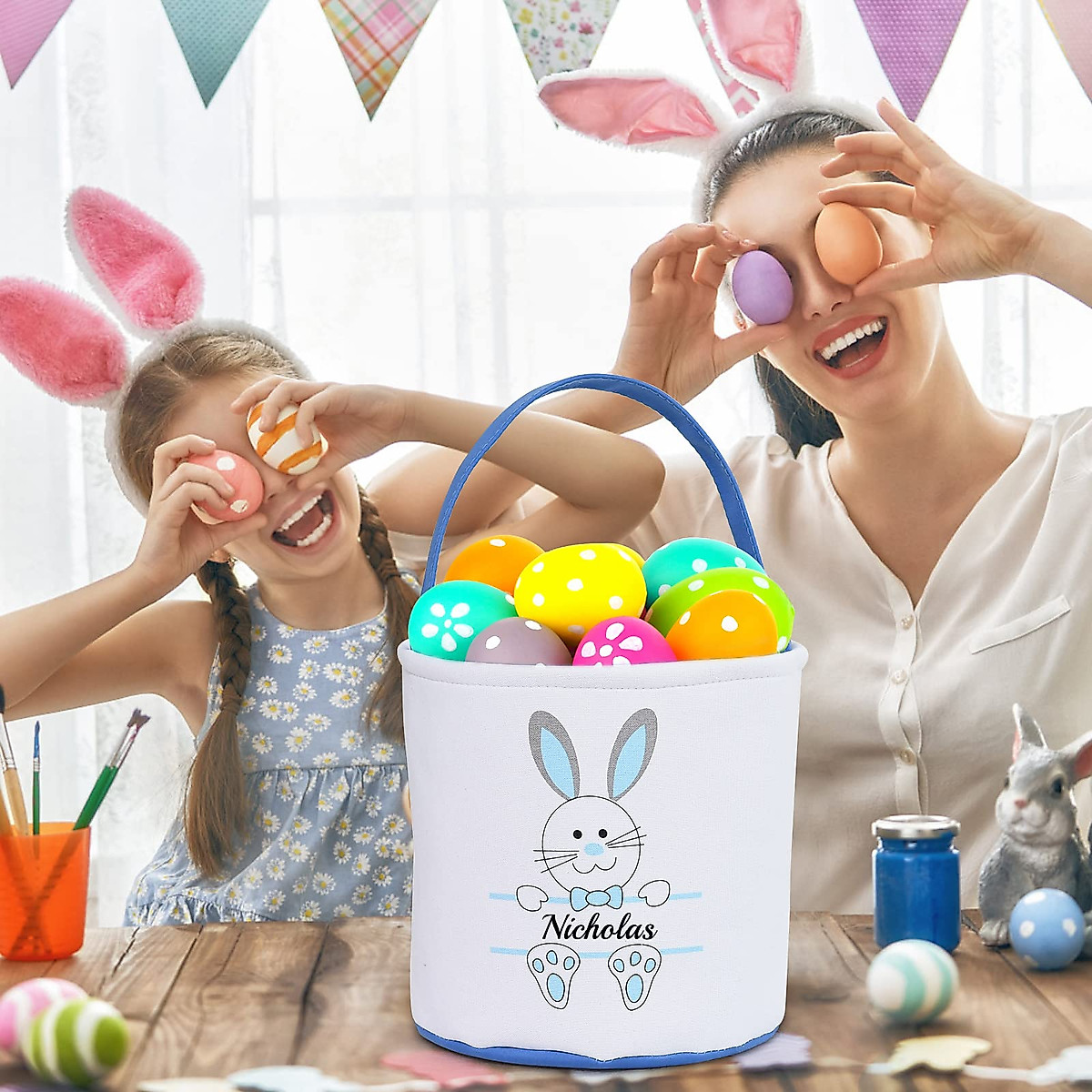 XJone Personalized Custom Easter Buny Baskets for Boys Girls with Name Customized Canvas Cotton Egg Tote Gift Bags