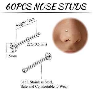 Jstyle 60 Pcs Hypoallergenic Stainless Steel Nose Studs for Women Men Sparkly CZ Small Nose Studs Rings Piercing Body Jewelry 1.5mm