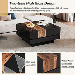 Bellemave Square Coffee Table High Gloss Center Table with Sliding Tabletop, Multi-Storage Sofa Table Extendable Cocktail Table with Hidden Storage Compartment for Living Room (Black)