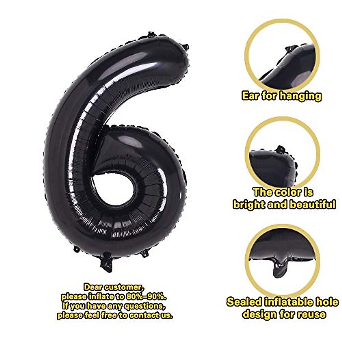 Black 6 Balloons,40 Inch Birthday Foil Balloon Party Decorations Supplies Helium Mylar Digital Balloons (Black Number 6)