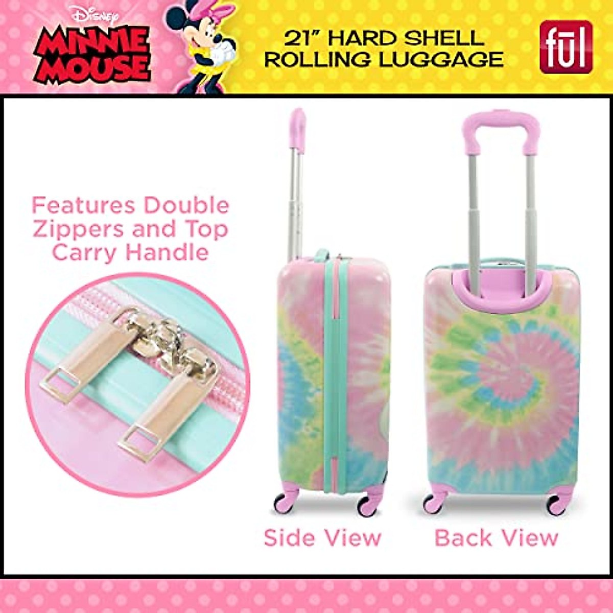 FUL Disney Minnie Mouse 21 Inch Kids Rolling Luggage, Tie Dye Hardshell Carry On Suitcase with Wheels, Multi (FCGL0030SAMEC-634)