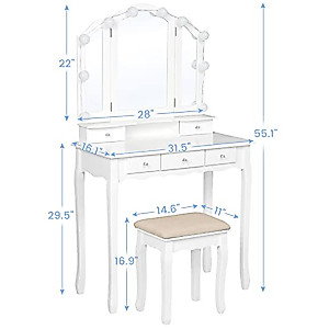 Tiptiper Makeup Vanity with Lights, Vanity Desk with Lighted Mirror and Stool, Vanity Set with 5 Drawers, 3 Light Settings & Adjustable Brightness, White