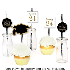 Big Dot of Happiness Gold 2024 Graduation Paper Straw Decor - Party Striped Decorative Straws - Set of 24
