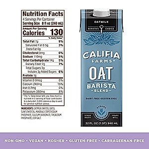 Califia Farms - Oat Barista Blend Oat Milk, 32 Oz (Pack of 6), Shelf Stable, Dairy Free, Plant Based, Vegan, Gluten Free, Non GMO, High Calcium, Milk Frother, Creamer, Oatmilk