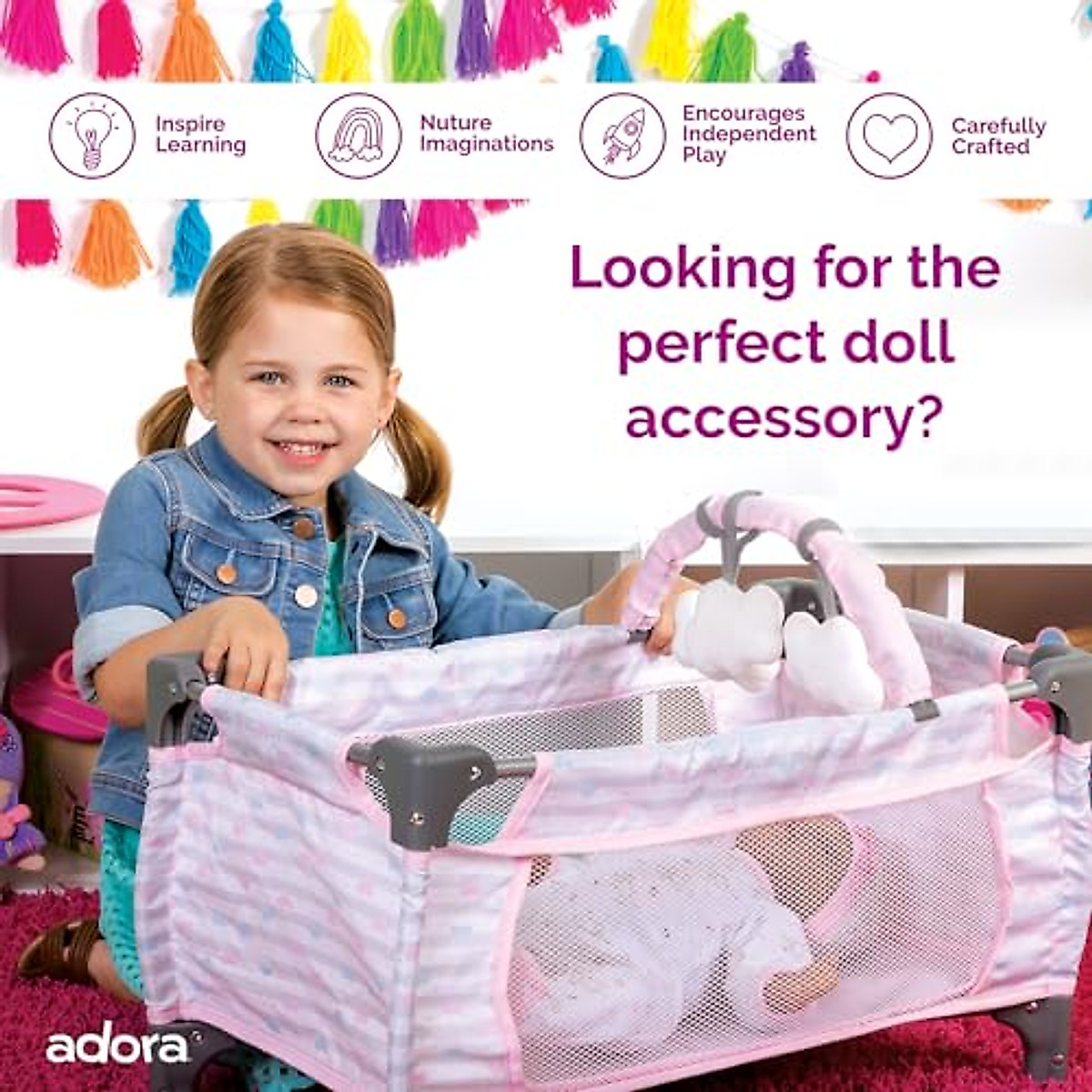 Adora Pack-N-Play Deluxe Baby Doll Crib & Easy to Convert Changing Table Set, Includes Storage Box and Removable Diaper Pad, Holds Most Dolls up to 20”, Perfect Gift for Ages 3+
