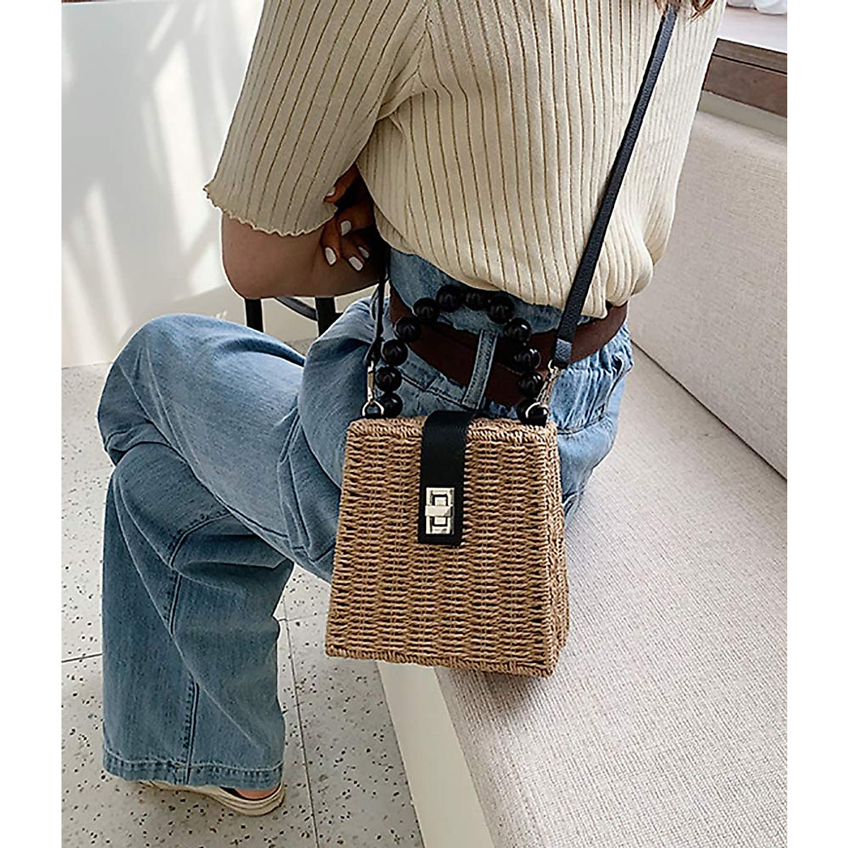 QZUnique Straw Bucket Bags for Women Top Handle Drawstring Woven Handbag Shoulder Bag Summer Beach Purses with Bamboo Handle