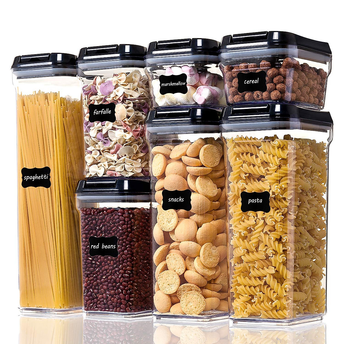 Airtight Food Storage Containers, Vtopmart 7 Pieces BPA Free Upgraded Plastic Canisters with Improved Durable Lids - for Kitchen Pantry Organization and Storage - Include 24 Labels,Matt black