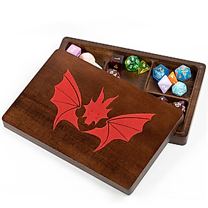 Poludie 2in1 Wooden Dragon-Themed DND Dice Box and Tray, Dice Holder Case with Felt Lined Magnetic Lid for D&D Tabletop Game - Acacia (Bat Dragon Carving-New)