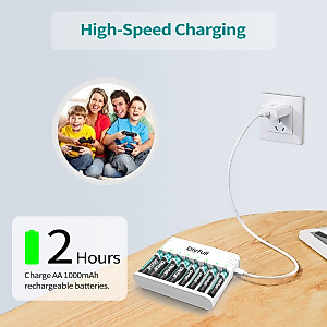 Dlyfull 8 Bay AA AAA Battery Charger with Type-C High-Speed Charging, Independent Slot for Ni-MH Ni-CD Rechargeable Batteries, Cable Included