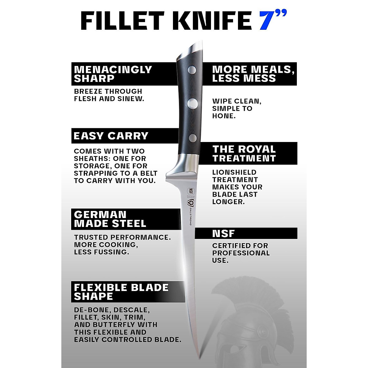 Dalstrong Fillet Knife - 7 inch Flexible Blade - Gladiator Series Elite - High Carbon German Steel - Black G10 Handle Boning Knife - w/Two Sheaths - Razor Sharp Kitchen Knife - NSF Certified