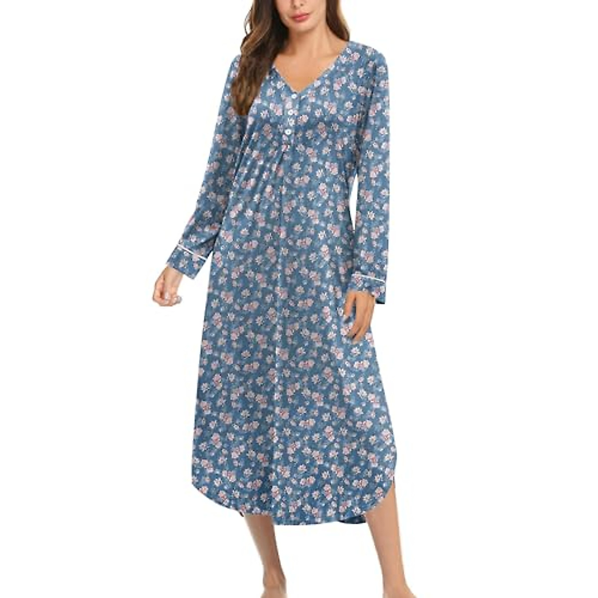 Ekouaer Womens Long Sleeve Nightgown Long Nightshirt Full Length Loungewear Button Down Sleep Dress Blue-Red Flowers XX-Large