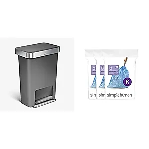 simplehuman 45 Liter Rectangular Kitchen Step Trash Can with Soft-Close Lid, Grey Plastic & Code K Custom Fit Drawstring Trash Bags, 35-45 Liter, 60 Liners, Blue, Count