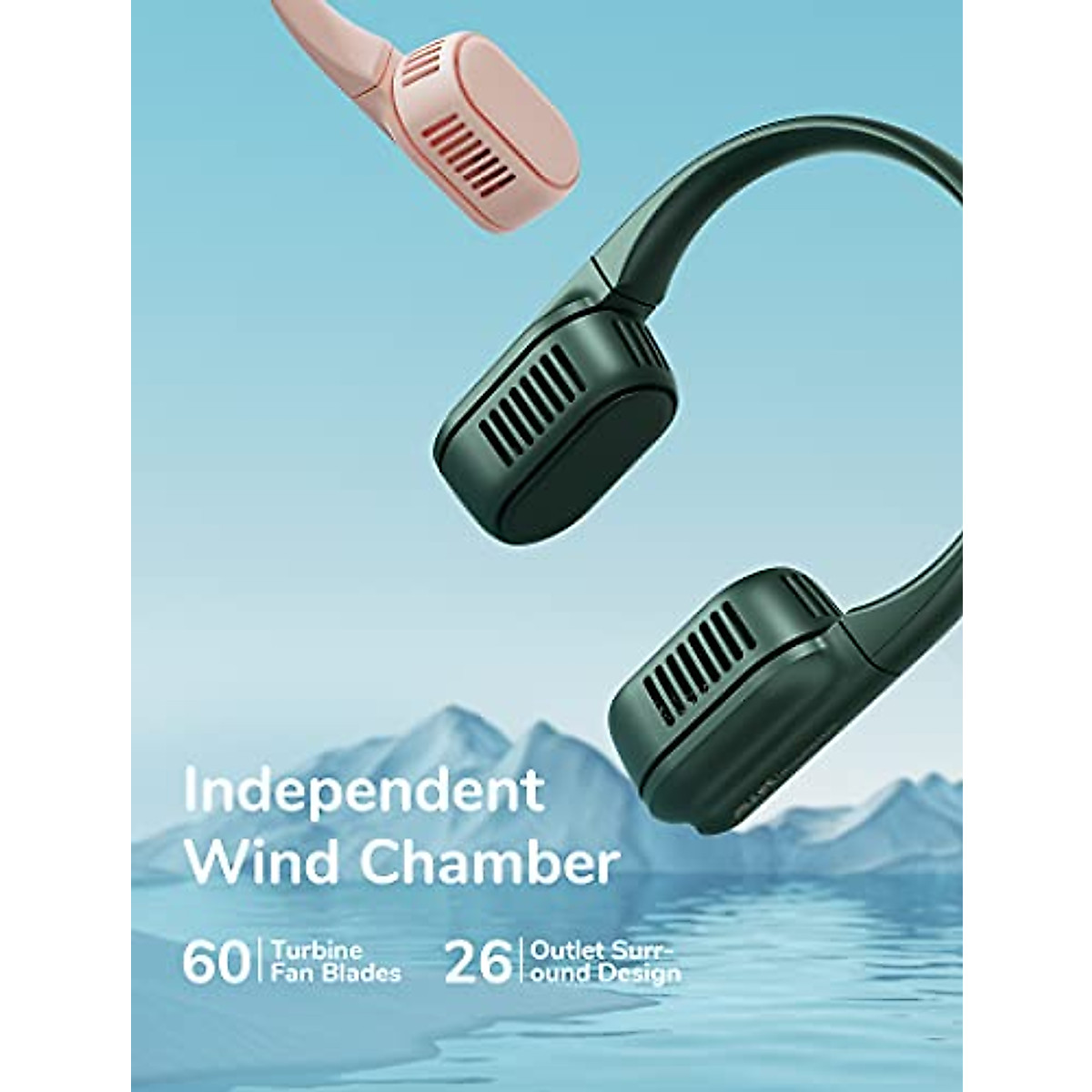 JISULIFE Personal Neck Fan, Bladeless Neck Fan Rechargeable with 4000mAh Battery Operated Neck Fan, 180° Adjustable Wrap-Around Blowing Neck Friendly for Indoor Outdoor-Dark Green