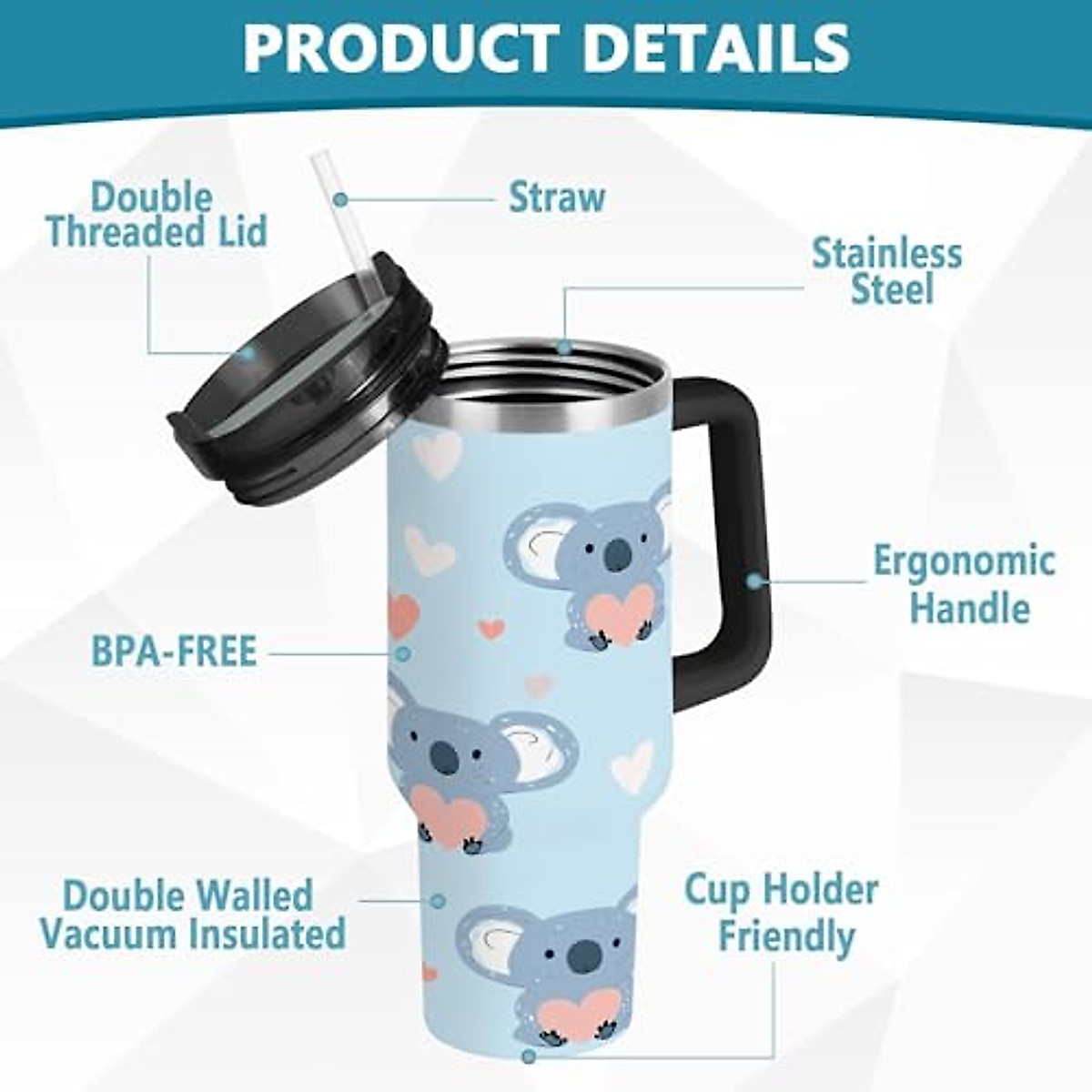 Flradish 40oz Tumbler with Handle, Cute Koala Stainless Steel Tumbler with Lid and Straws Double Wall Vacuum Insulated Leakproof Coffee Travel Mug