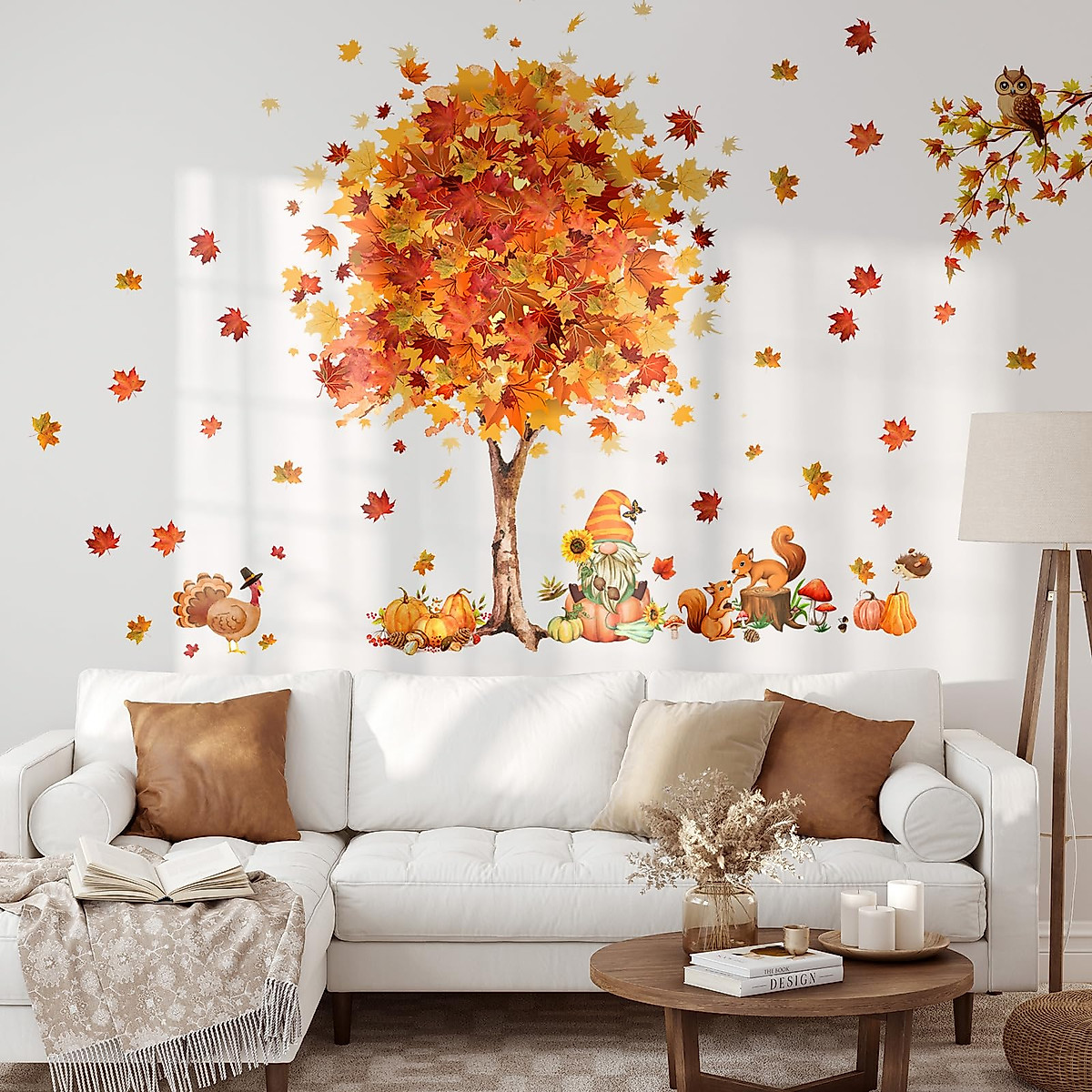 Cholemy 3 Sheets Thanksgiving Wall Stickers Thanksgiving Wall Decals Harvest Pumpkin Maple Leaf Tree Wall Decoration Fall Window Sticker Removable Farmhouse Wallpaper for Living Room Bedroom