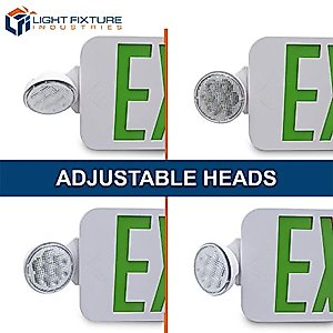 LFI Lights | Combo Green Exit Sign with Emergency Lights | White Housing | All LED | Two Adjustable Round Heads | Hardwired with Battery Backup | UL Listed | (2 Pack) | COMBOJR2-G
