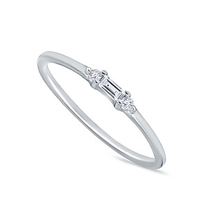 Blue Apple Co. Simulated Cubic Zirconia Size-5 Petite Dainty Band Ring 3 Stone Baguette Round CZ 925 Sterling Silver