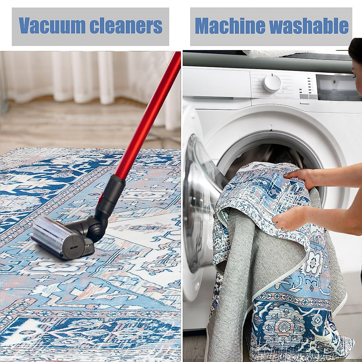 Area Rug 5x7 Washable Boho Vintage Rug with Non Slip Backing Soft Low-Pile Carpet Foldable Mat for Living Room Bedroom Dining Office, Light Blue/White