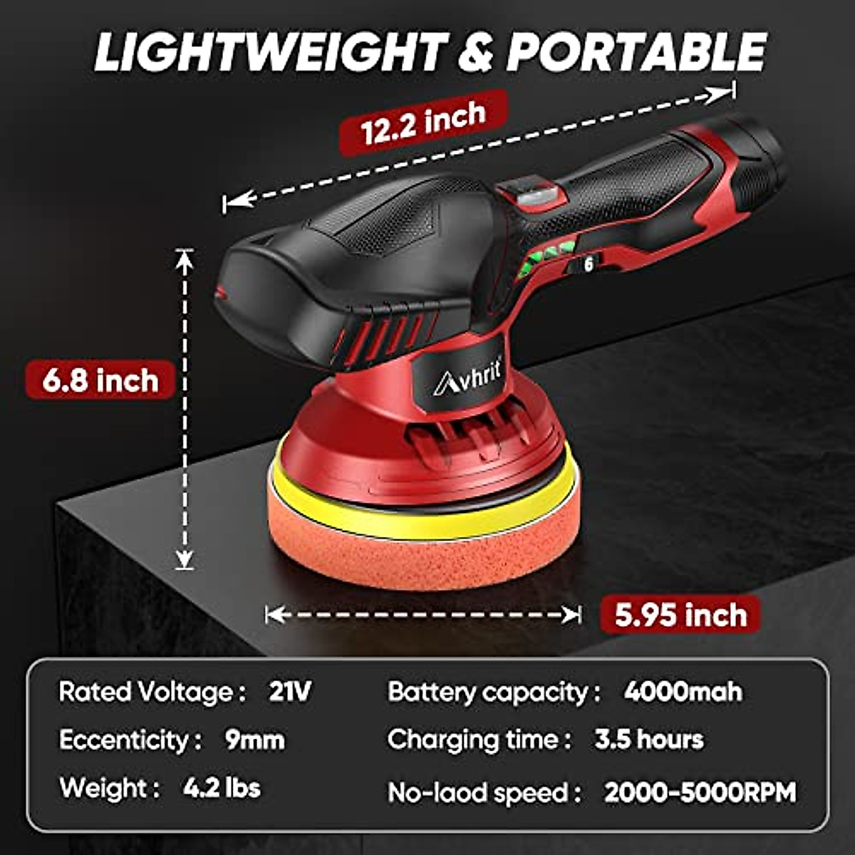Avhrit Cordless Buffer Polisher kit 6 Inchs with 2 Battery & 6 Variable Speed Used for Car Detailing/Waxing