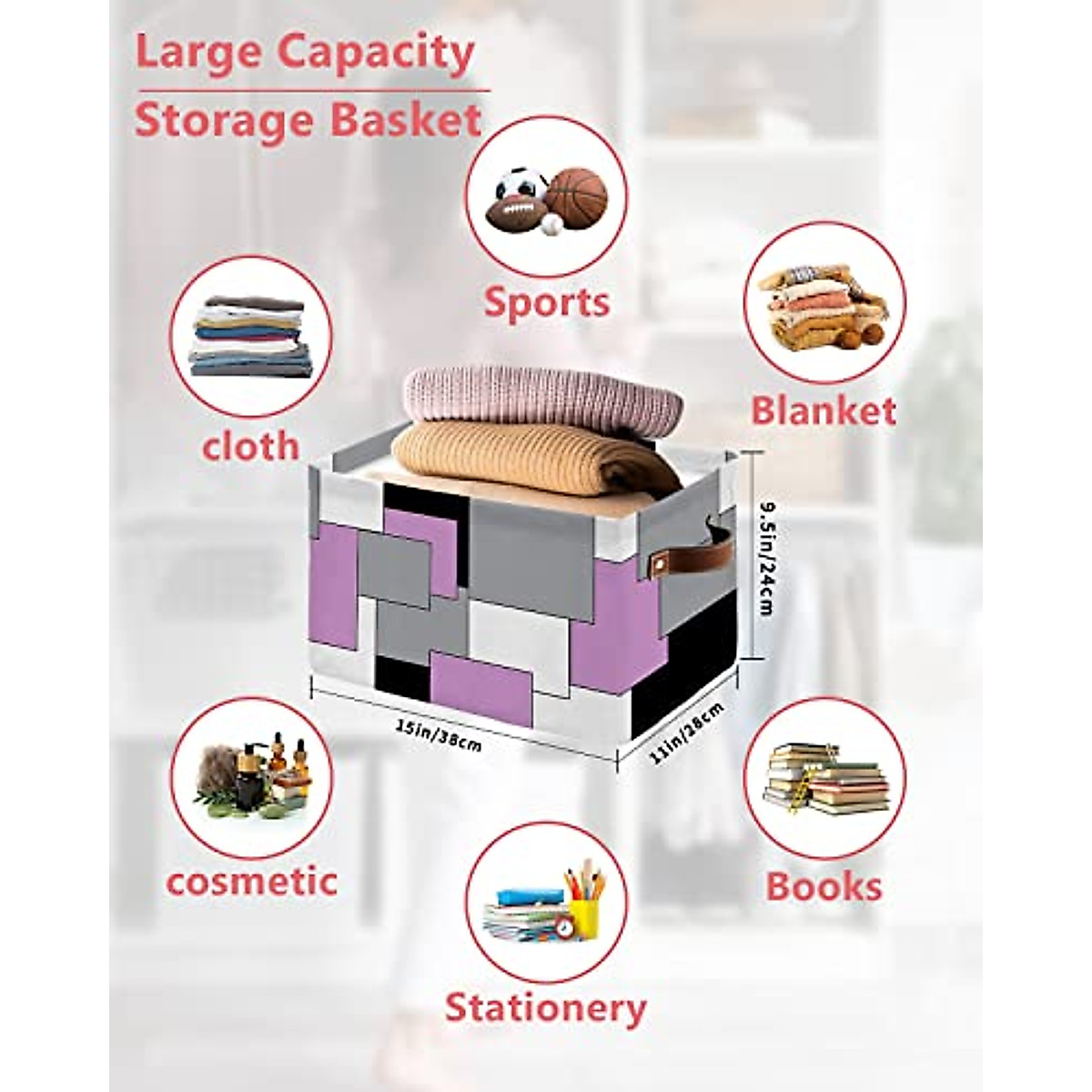 Storage Bins, Abstract Art Patchwork Pink Black and Grey Storage Baskets for Organizing Closet Shelves Clothes Decorative Fabric Baskets Large Storage Cubes with Handles