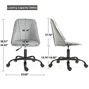 Czlolo Velvet Armless Home Office Desk Chair with Wheels, Swivel Office Guest Chair for Reception Without Arms, Height Adjustable Computer Task Chair for Small Space, Grey