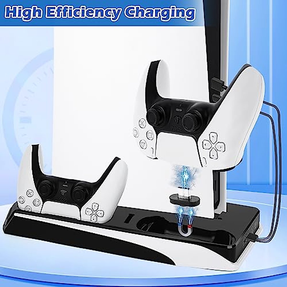 PS5 Cooling Station with RGB LED for Playstation 5 Console, Grathia Dual Fast PS5 Controller Charging Station with Cooling Fan, PS5 Controller Charging Doking Station with 12 Games & Headset Holder