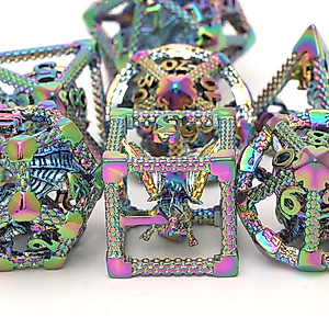 D&D Dice, Dungeons and Dragons Dice Metal DND Dice Set Polyhedral Hollow Role Playing D and D Starter Dice for RPG MTG Table Board Games Pathfinder Shadowrun Yahtzee (3D Dragon Rainbow White Number)