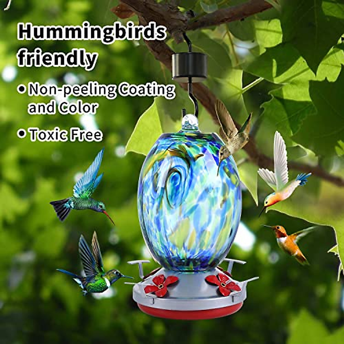 JALAMWANG Hummingbird Feeder for Outdoors Hanging, 25 Ounces, Hand Blown Glass, Leak Proof Rustproof, Containing Ant Moat, for Attract Hummingbird Garden Decoration etc(Blue Starry Night)