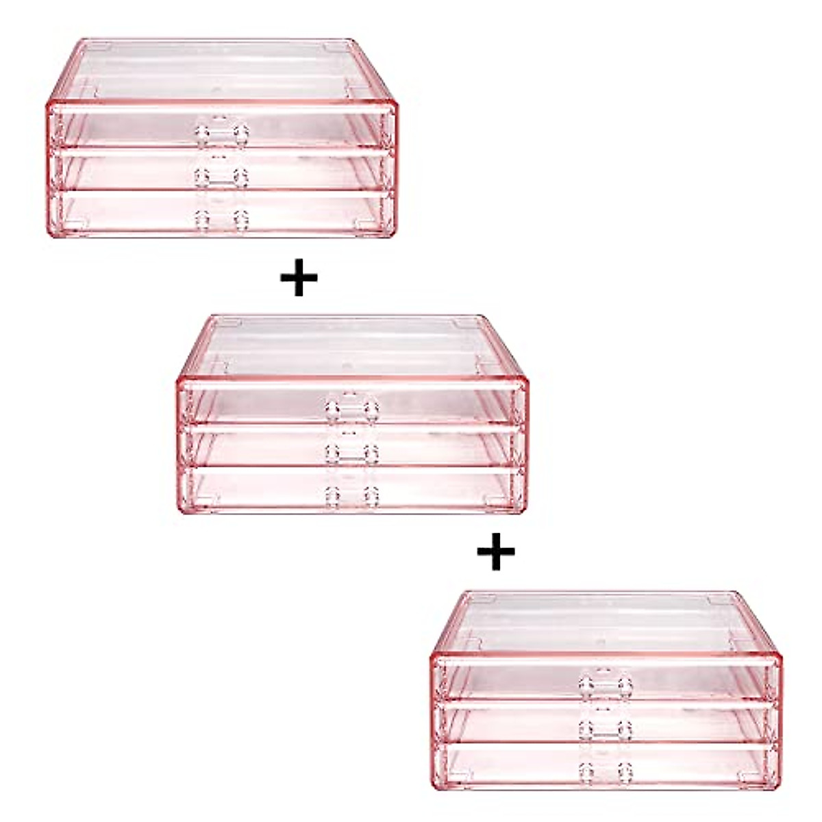 Ikee Design Acrylic Jewelry Makeup Storage Drawer Organizer, 3 Pieces Storage Set for Home Storage and Office Stationary Drawers, Pink Color, 9.38" W x 5.38" D x 12.75" H
