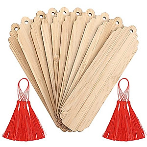 LUOZZY 10Sets Wood Blank Bookmarks Unfinished Wood Hanging Tags with Red Tassel DIY Crafts Wooden Book Marker Tags for New Year Christmas Wedding Birthday Party Decor
