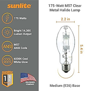 Sunlite 03655-SU MH175/U/MED M57 Metal Halide Lamp, 175 Watts, Probe Start, Medium Base (E26), ED17, 10,000 Hours Life, 14000 Lumen, Clear Finish, 4000K