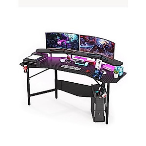 PAKASEPT Gaming Desk with Led Lights, 70.9” Large Wing-Shaped Desk, Carbon Fiber Surface Gaming Table with Monitor Stand, Headphone Hanger & Cup Holder & Dual Slots
