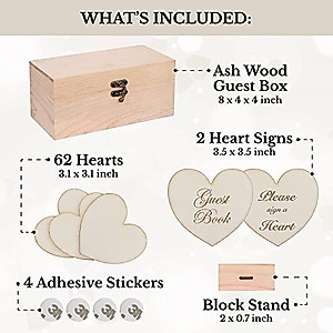 Jecor Alternative Guest Book Box - Wedding Guest Book Alternative - 62 Large Wooden Hearts - Also for Baby Shower, Bridal Shower, Anniversary, Birthday, Retirement, Funeral Guest Book Alternatives